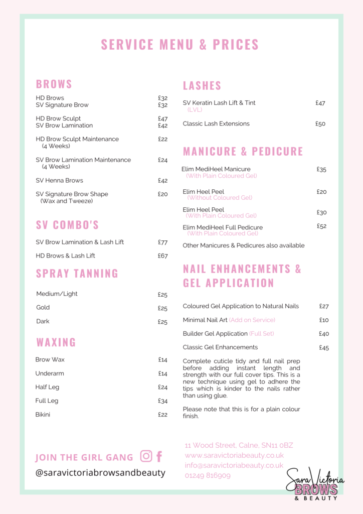 Beauty Service Menu & Prices
